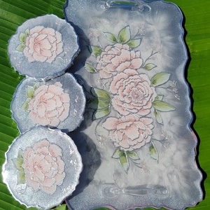 14"x8" Shimmering Silver Gray Resin Tray and Set of 3 Coasters Hand ...