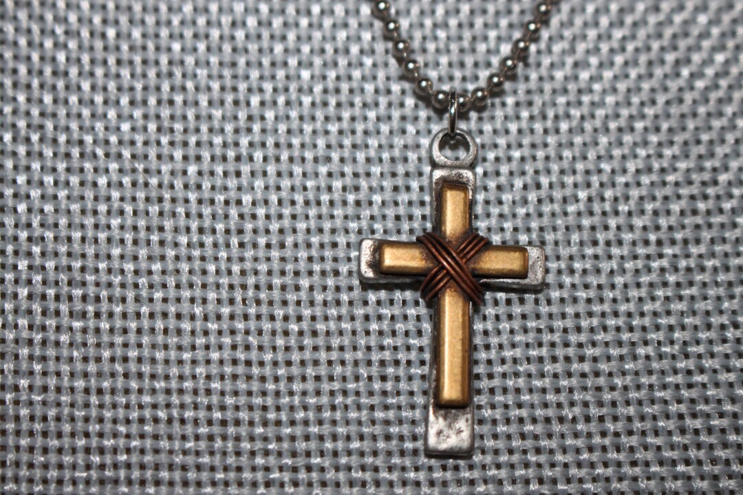 Pretty Silver and Bronze Color Roped Cross, Crucifix Necklace 23" Ball ...