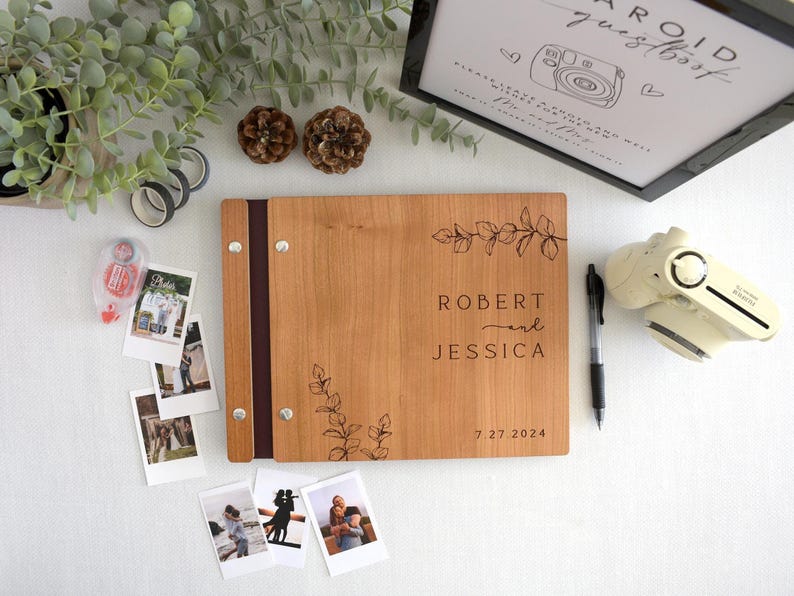 Elegant Wooden Wedding Guest Book With Eucalyptus Leaf Design ...