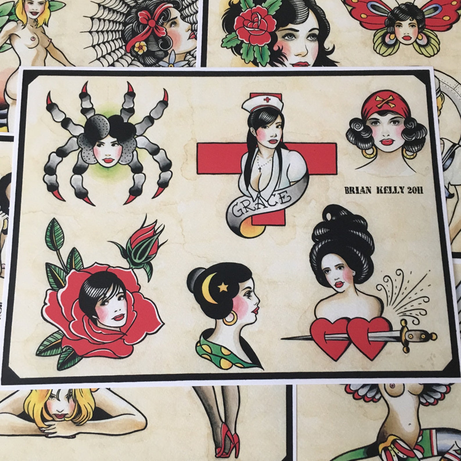 Girls Girls Girls Tattoo Flash Set 8 by Brian Kelly. 6 - Etsy
