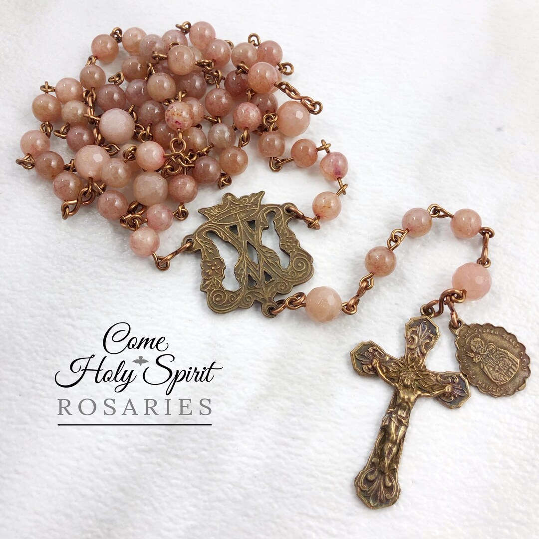 Auspice Maria-ave Maria Catholic Rosary in Solid Bronze Strawberry Quartz Handmade Catholic ...