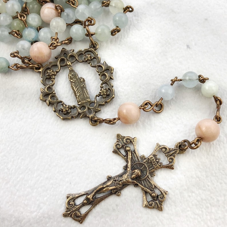 St. Anne Rosary- Aquamarine, Sunstone, and Solid Bronze- Custom ...