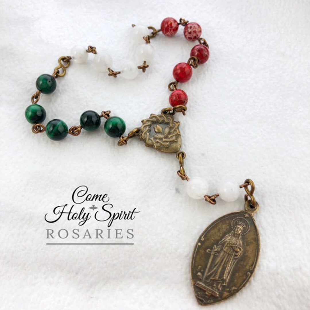 St. Dymphna Catholic Chaplet - Solid Bronze, Moonstone, Imperial Jasper, Green Tiger Eye ...