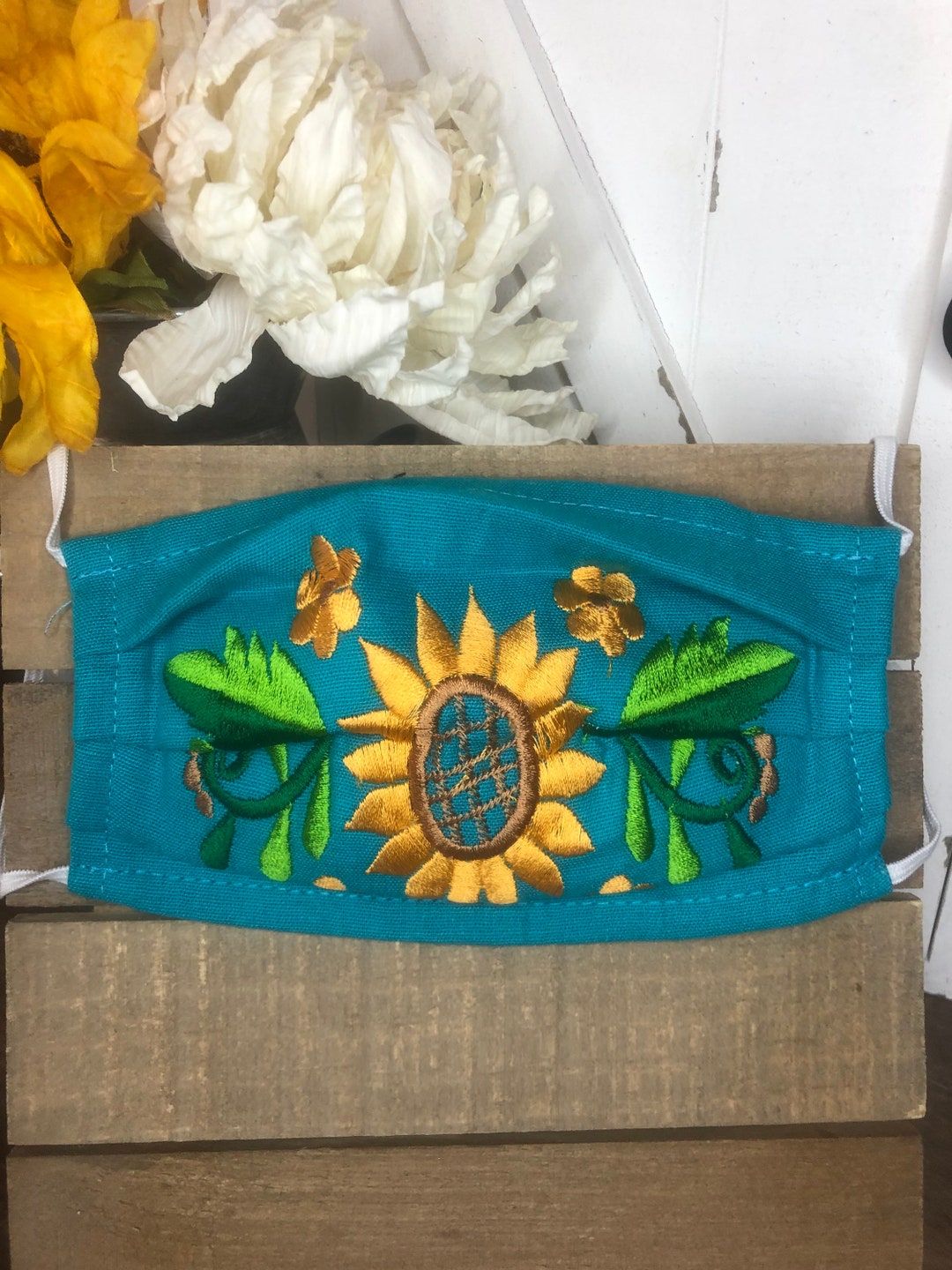 Sunflower Mask, Teal Sunflower Mask, Embroidered Face Mask, Sunflower ...