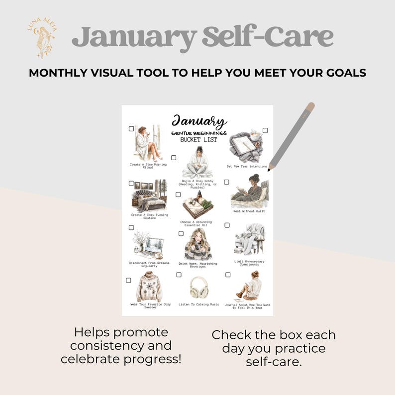 January 2026 Bucket List, Printable Self-care Checklist, Seasonal ...