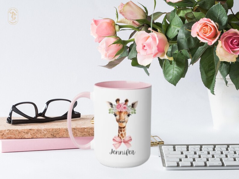 Personalized Giraffe Name Mug , Custom Name Coffee Cup, Coquette Floral ...
