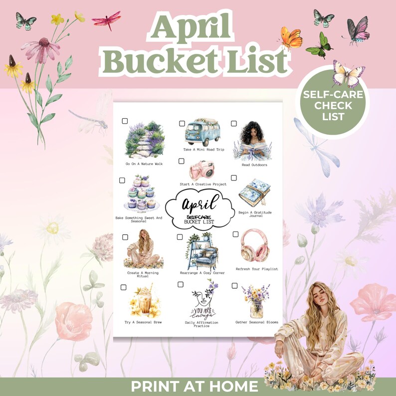 Printable April Bucket List, Spring Self-care Checklist, Seasonal ...