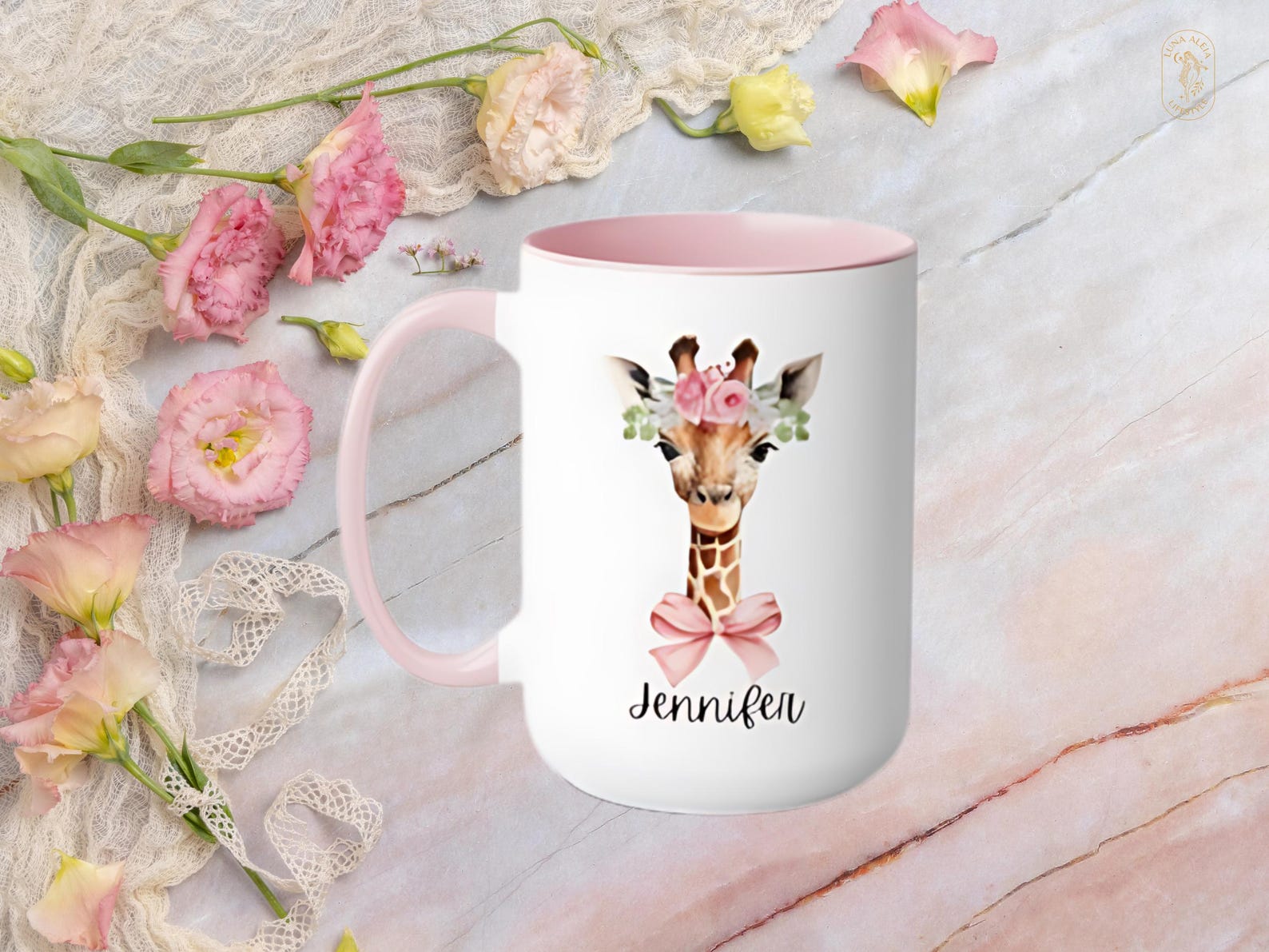 Personalized Giraffe Name Mug , Custom Name Coffee Cup, Coquette Floral ...