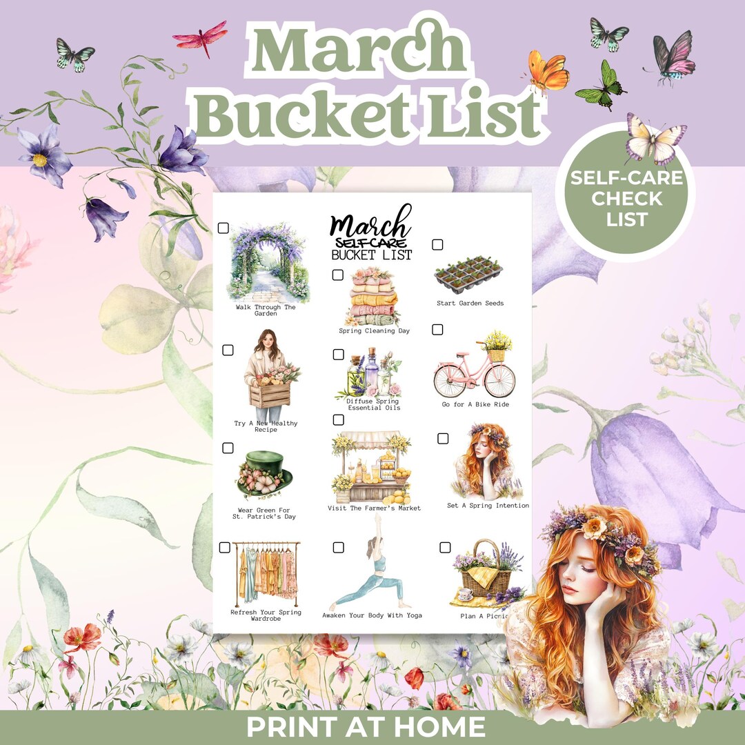 Printable March Bucket List, Spring Self-care Checklist, Seasonal ...