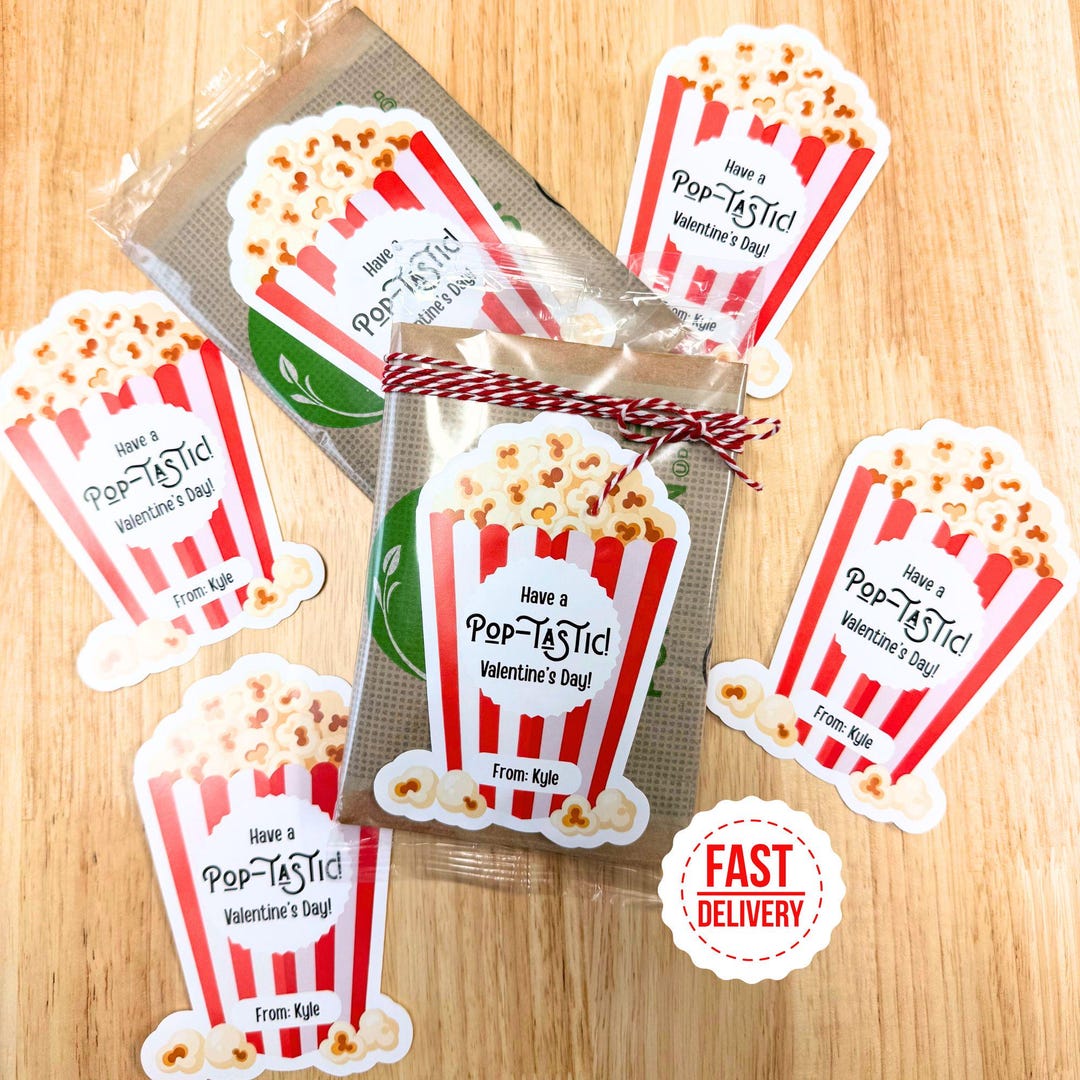Valentine's Popcorn Stickers, Personalized Kids Valentine's Day Sticker ...