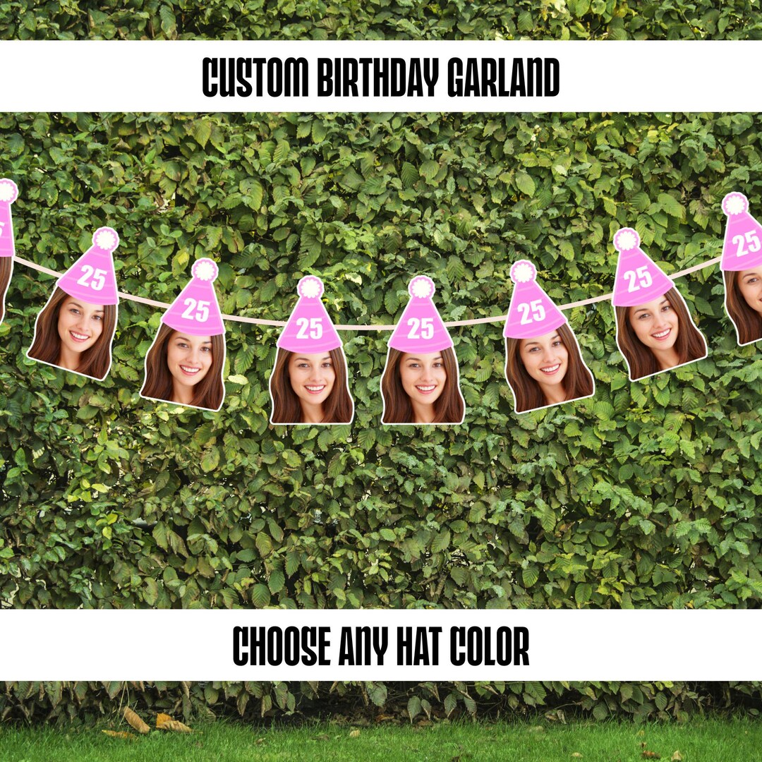 Personalized 25th Birthday Garland With Pink Birthday Hat and Any Age ...