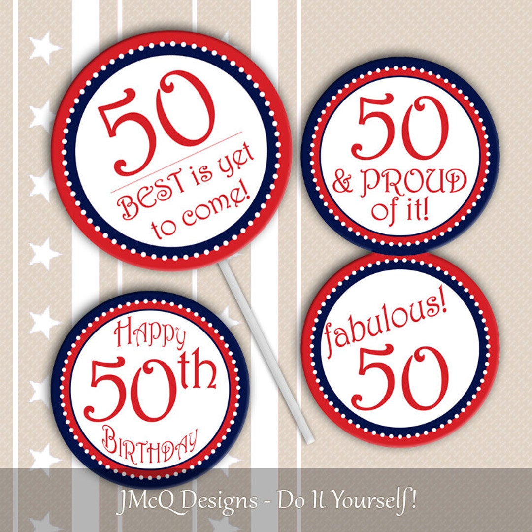 Printable 50th Birthday Cupcake Toppers - Fiftieth BD Party Red White ...