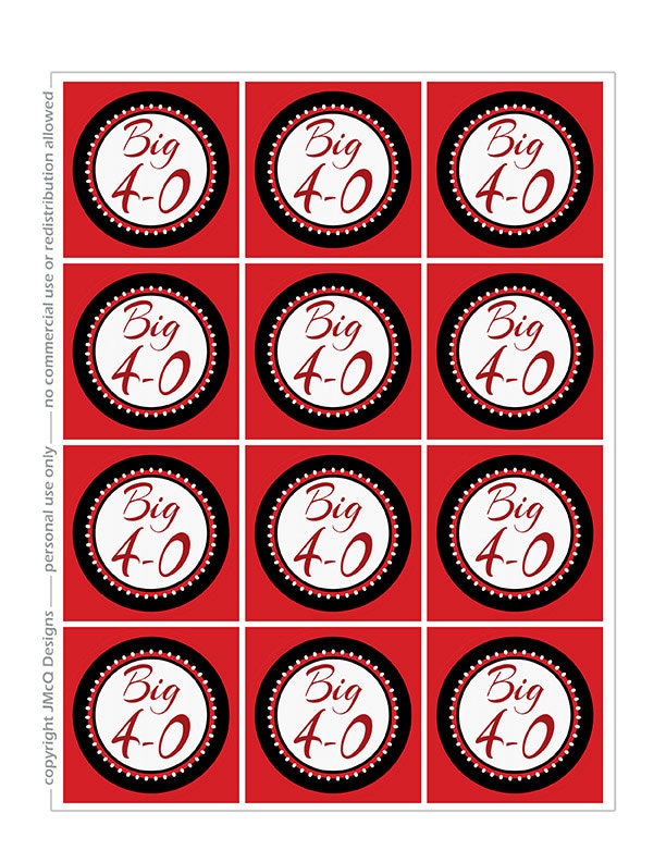 Printable 40th Birthday Cupcake Toppers - Big 4 0 Red Black Chic ...