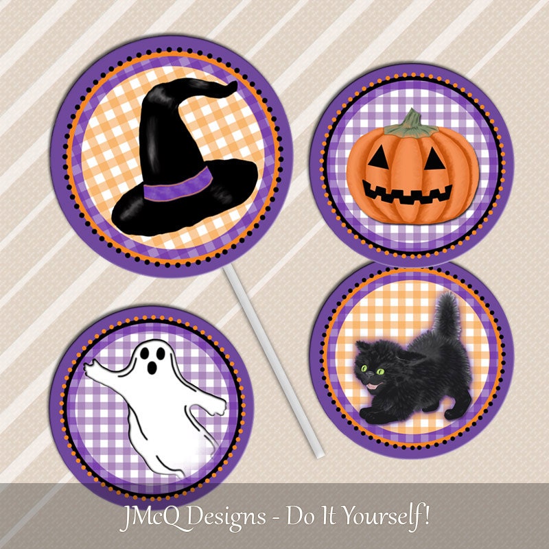 Printable Cute Halloween Cupcake Toppers - Purple Orange Gingham ...