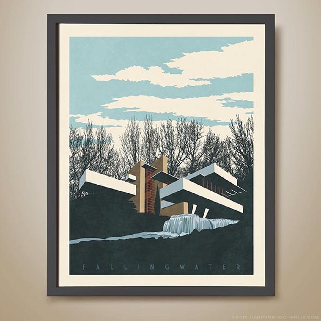 Fallingwater Print. Frank Lloyd Wright. Architectural Illustration ...
