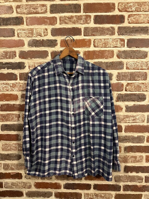 Vintage Mint Green and Navy Blue Check Flannel Faded … - Gem