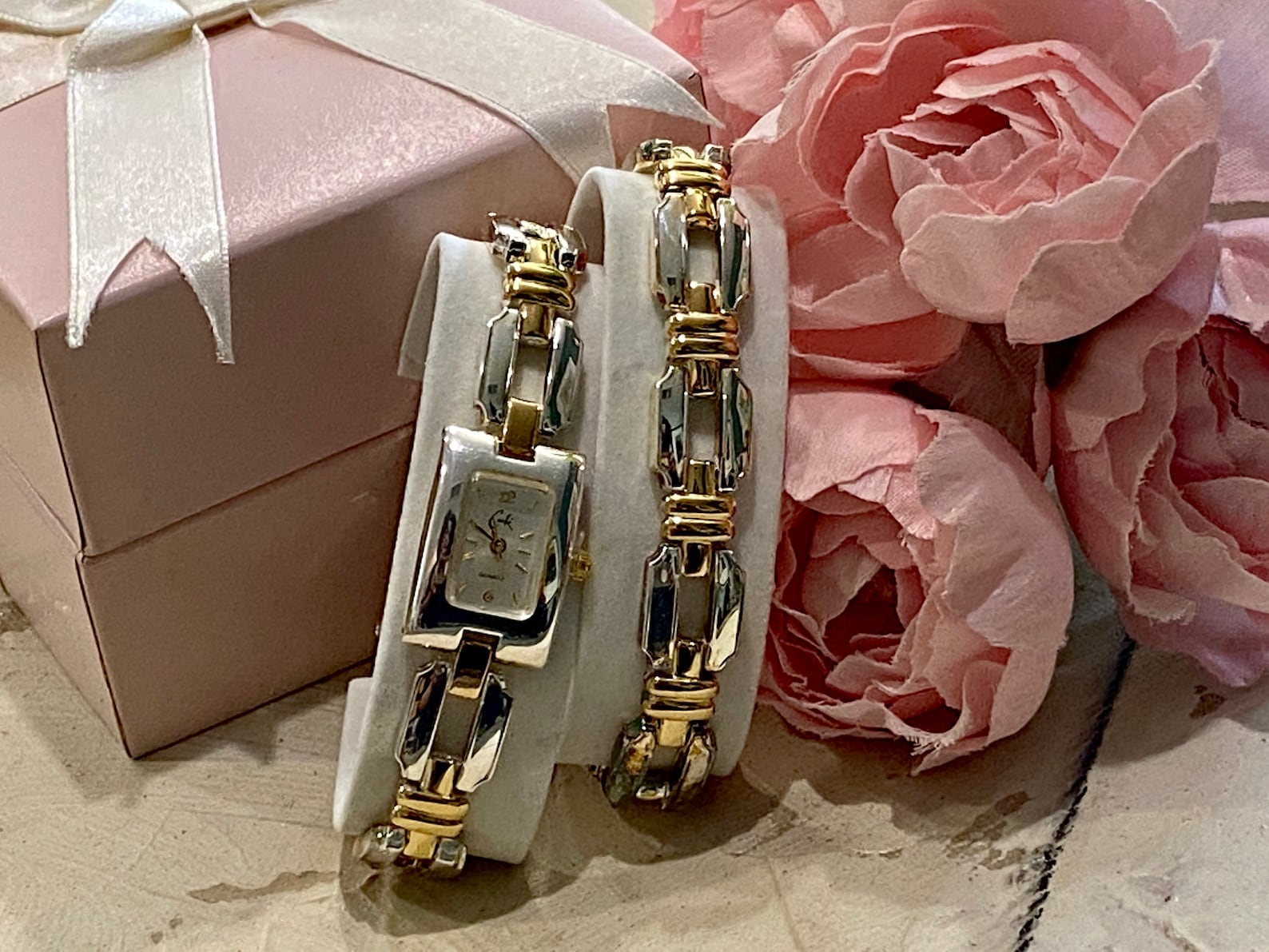 Cache Bracelet Watch Set Link Chain Quartz Silver Gold Bridal Gift ...