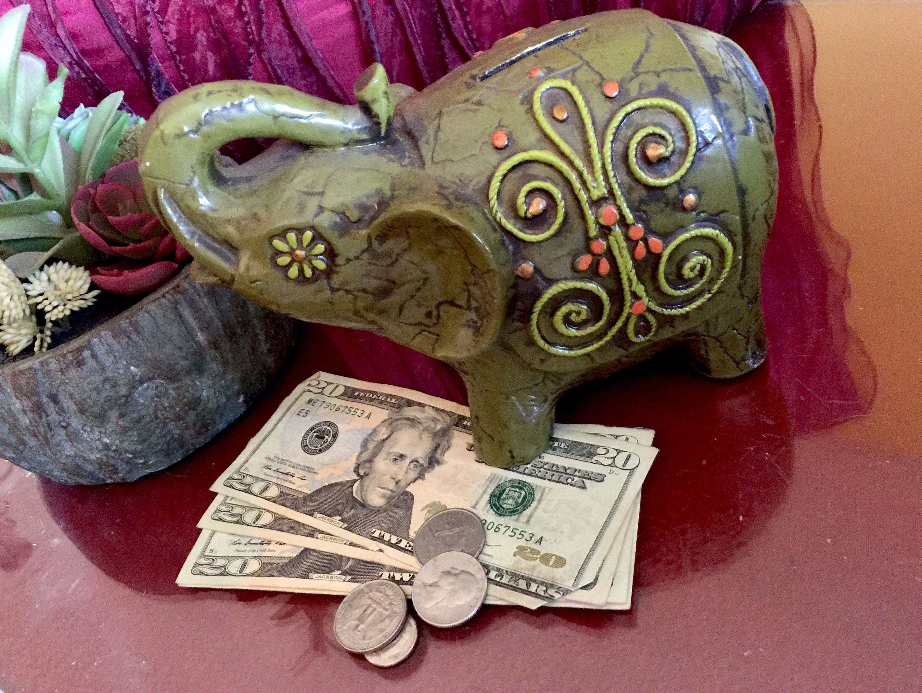 Green Elephant Money Saving Coin Bank Figurine Safari Animal Statue ...