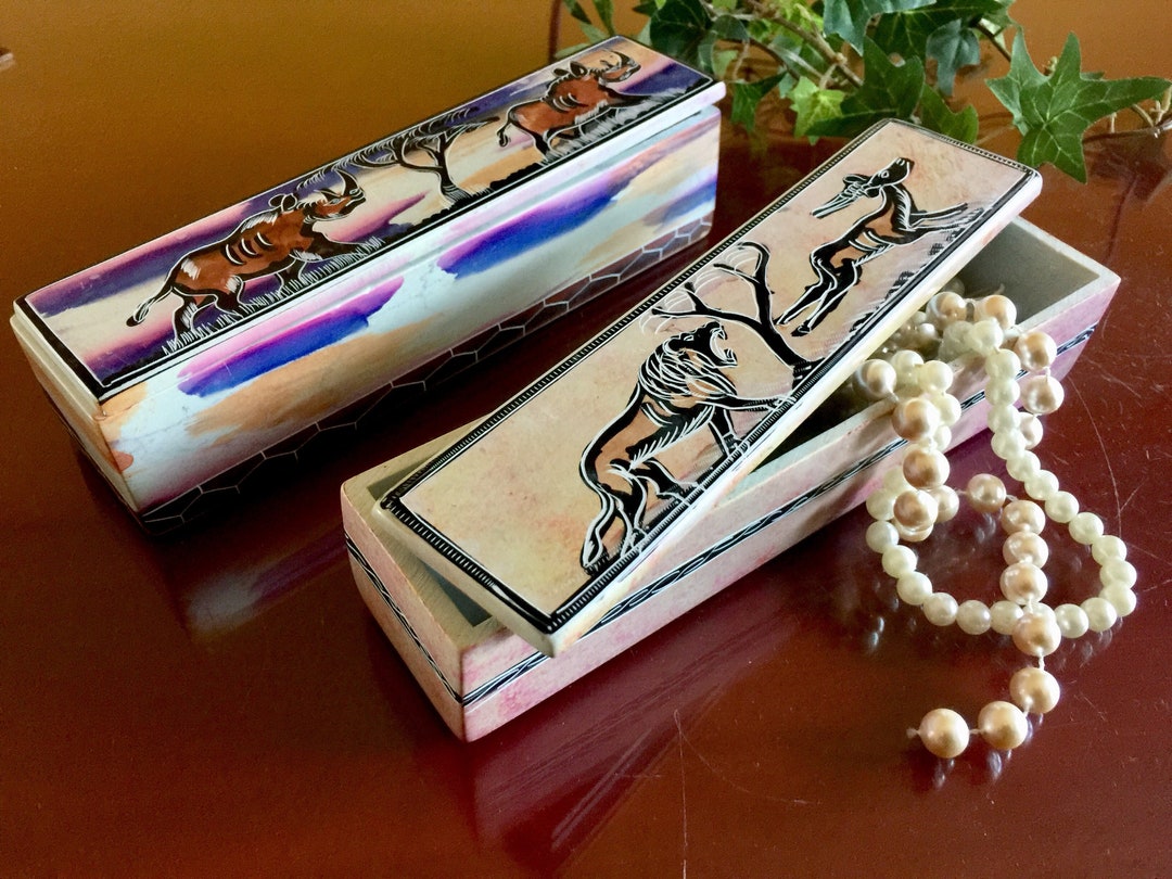 Safari Wild Animals Stone Box Jewelry Long Trinket African Art Ethnic ...