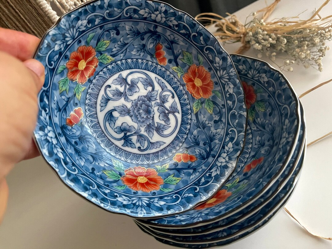 Asian Blue Bowls Soup Porcelain Chinese Floral Art Japanese Kitchen ...