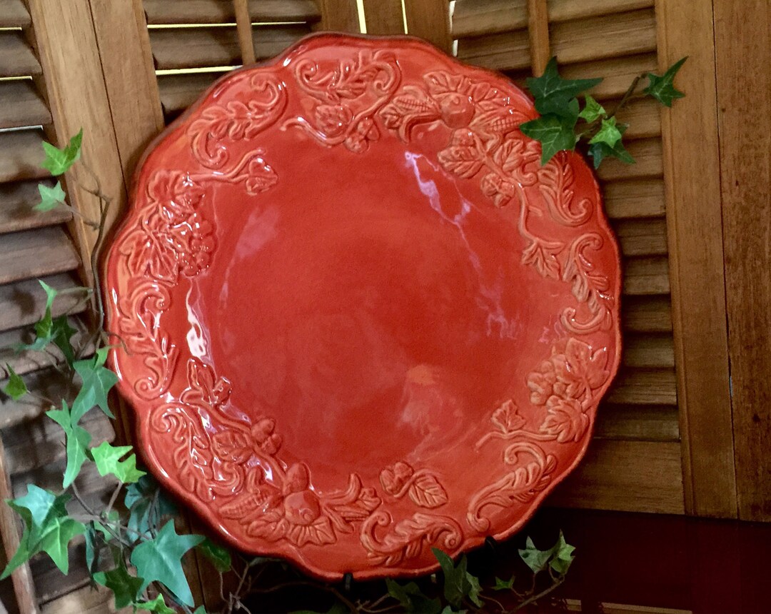 Coral Red Ceramic Platter Large Appetizer Dish Retro Harvest ...