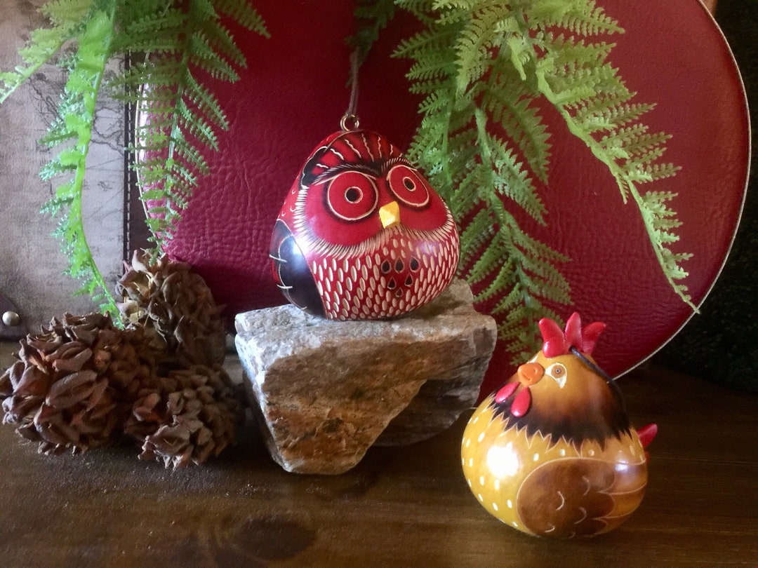 Peru Gourd Ornament Bird Owl Rooster Handmade Andean Rattle Chicken Hen ...