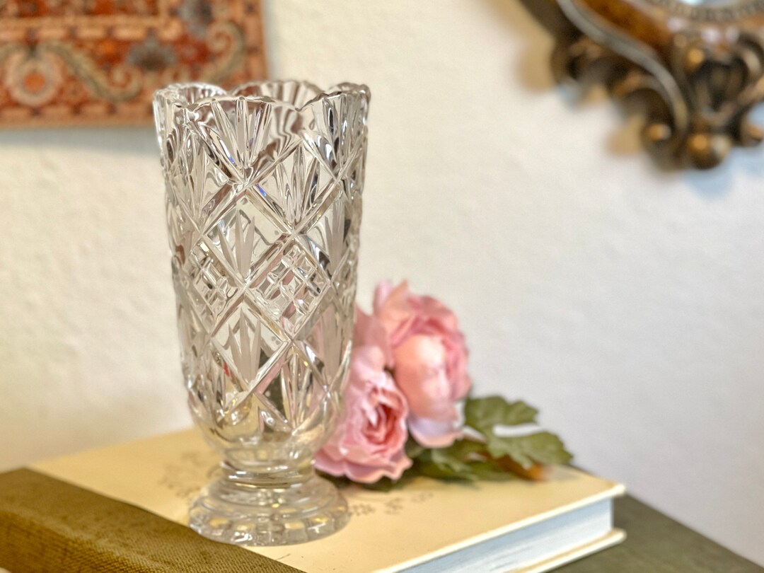 Russian Crystal Flower Vase Footed Soviet Era USSR Glass Fluted Fan Cut ...