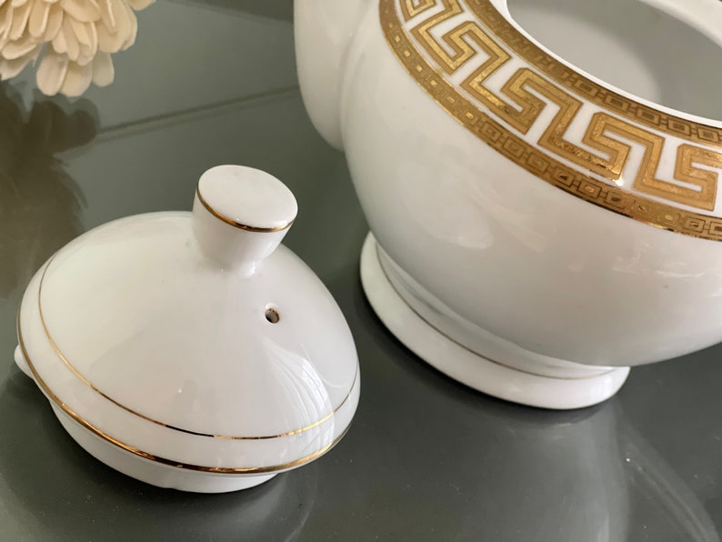 Teapot Gold Greek Key White Large Porcelain Kitchen Decor Geometric ...