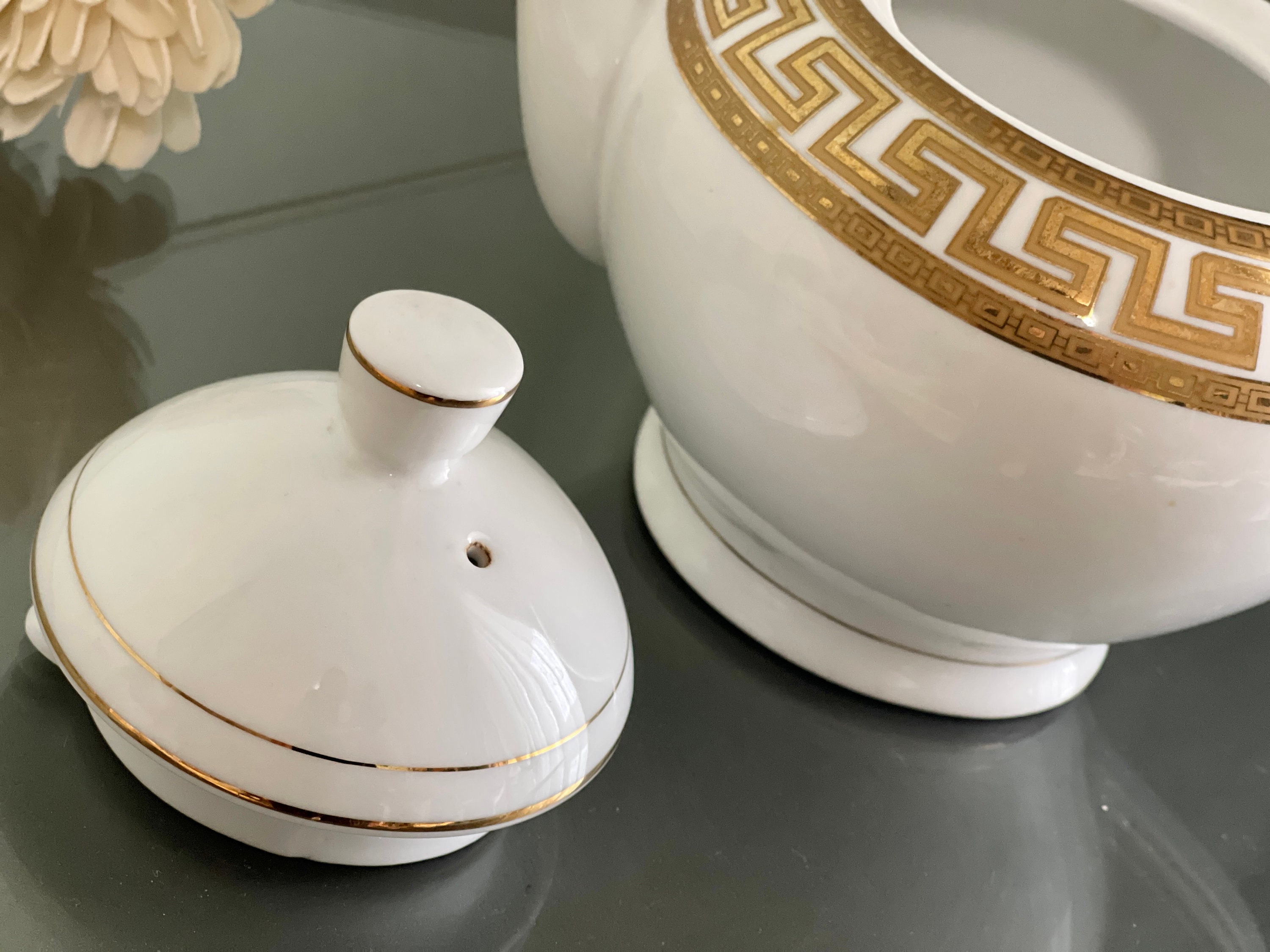Teapot Gold Greek Key White Large Porcelain Kitchen Decor Geometric ...