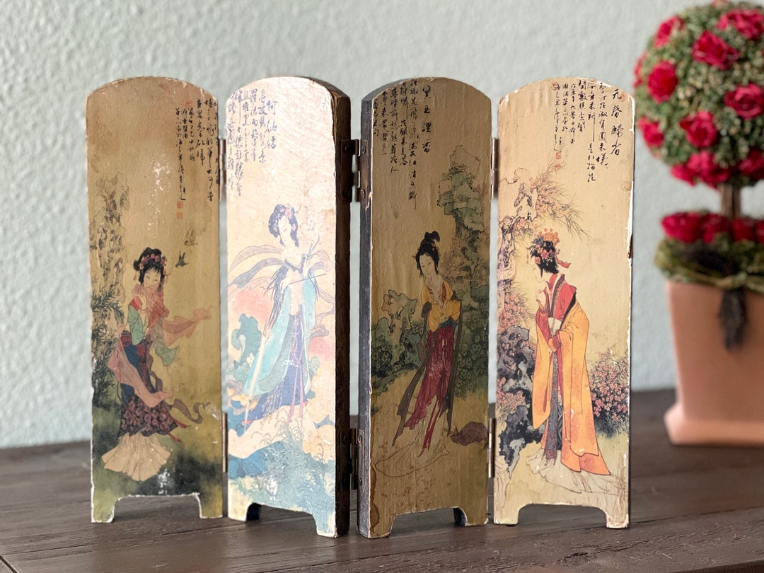 Asian Screen Mini Divider Japan Geisha Art Calligraphy Decor Oriental ...