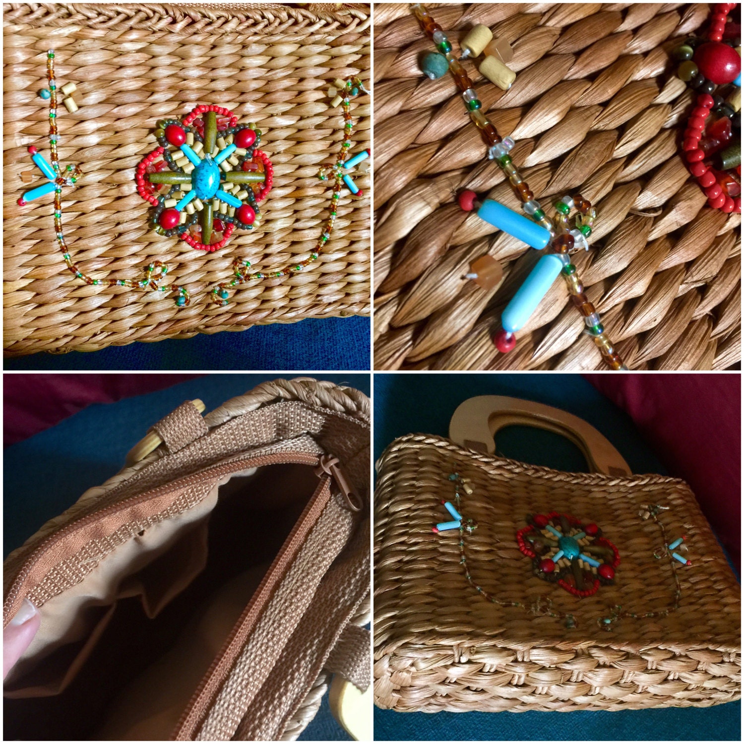 Retro Straw Purse Turquoise Red Beaded Basket Weaved Wooden Handles ...