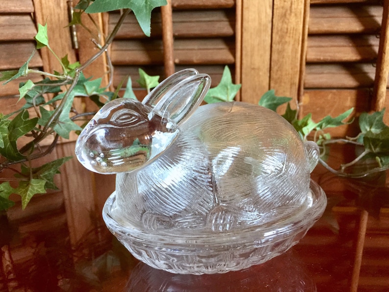 Glass Bunny Rabbit Candy Dish Butter Lidded Jar Cottage Table - Etsy