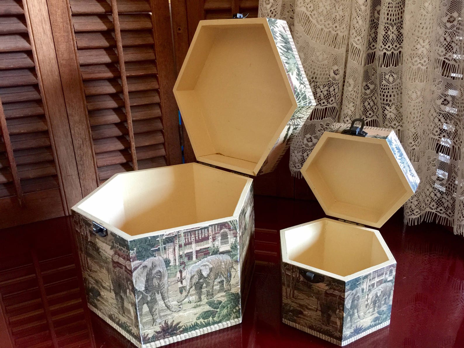 Safari Elephant Storage Box Set Two Hexagon African Indian Ethnic ...