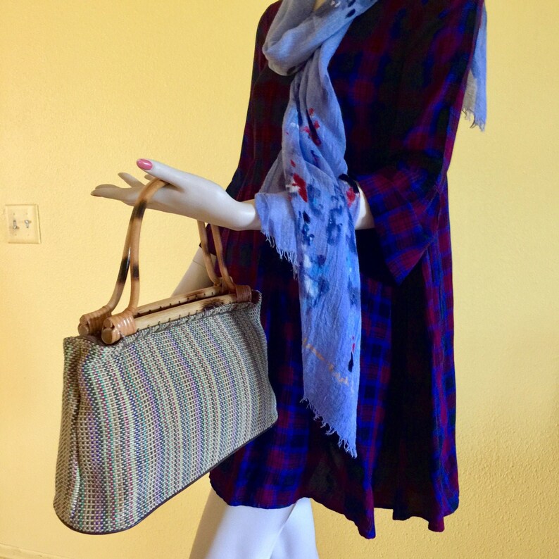 Retro Hand Woven Fabric Purse Wooden Handles Bamboo Beach - Etsy