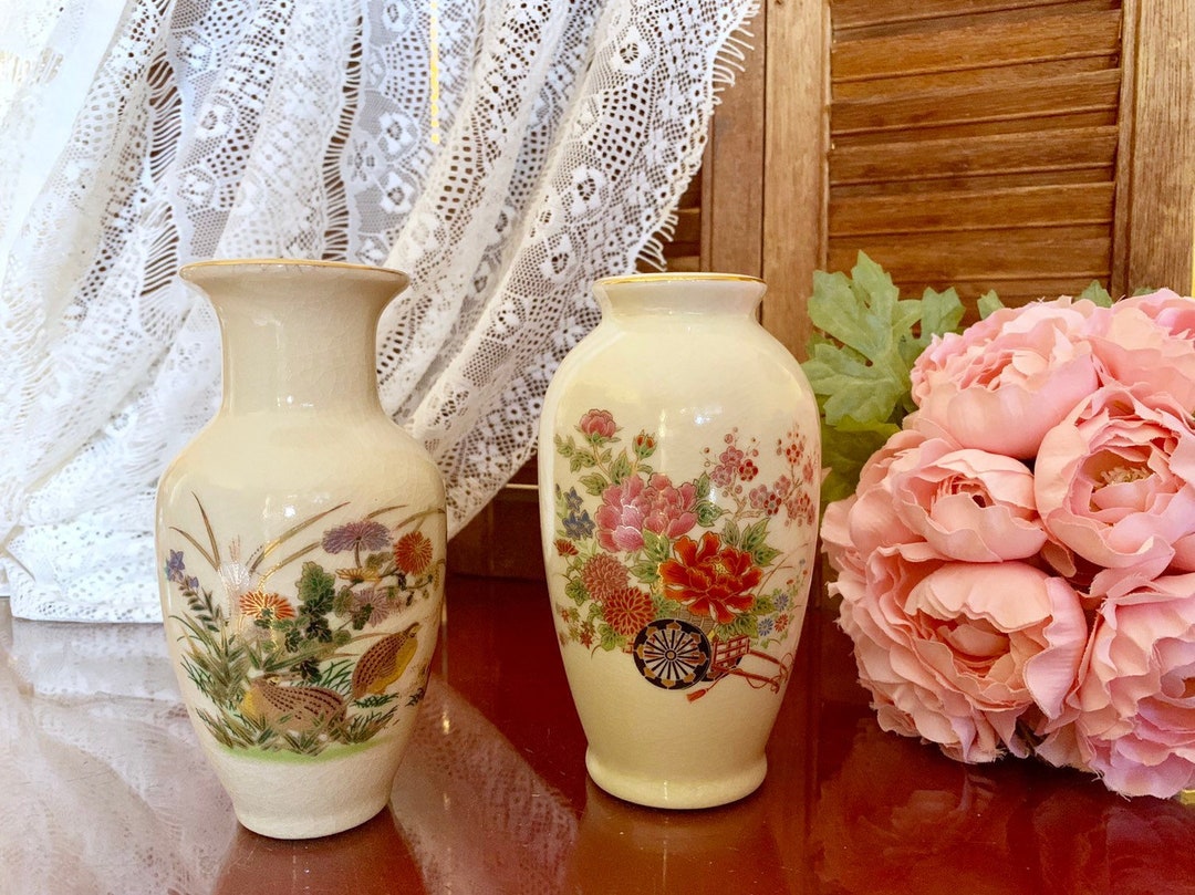 Japanese Floral Bud Vase Quail Birds Cracked Ceramic OTAGIRI Ivory Gold ...
