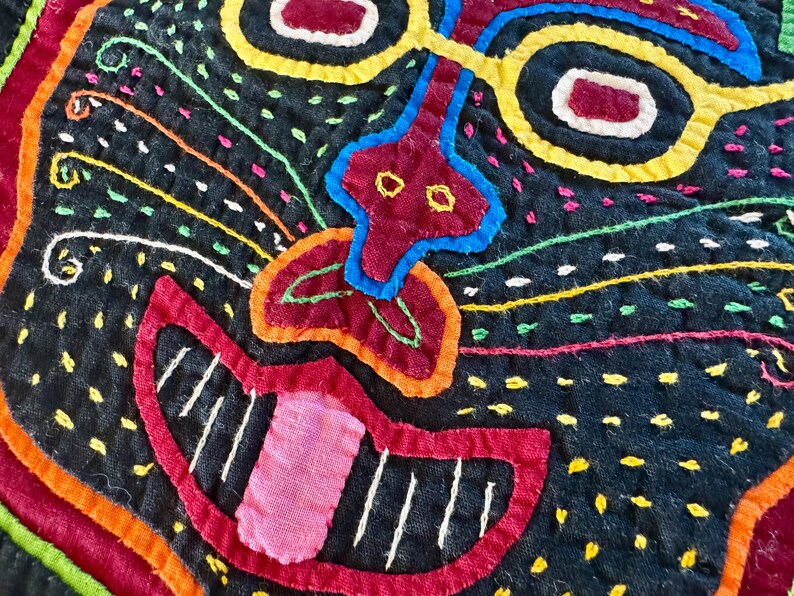 Black Cat Mola Kuna Textile Art Ethnic Panama Colombia Wall Hanging ...