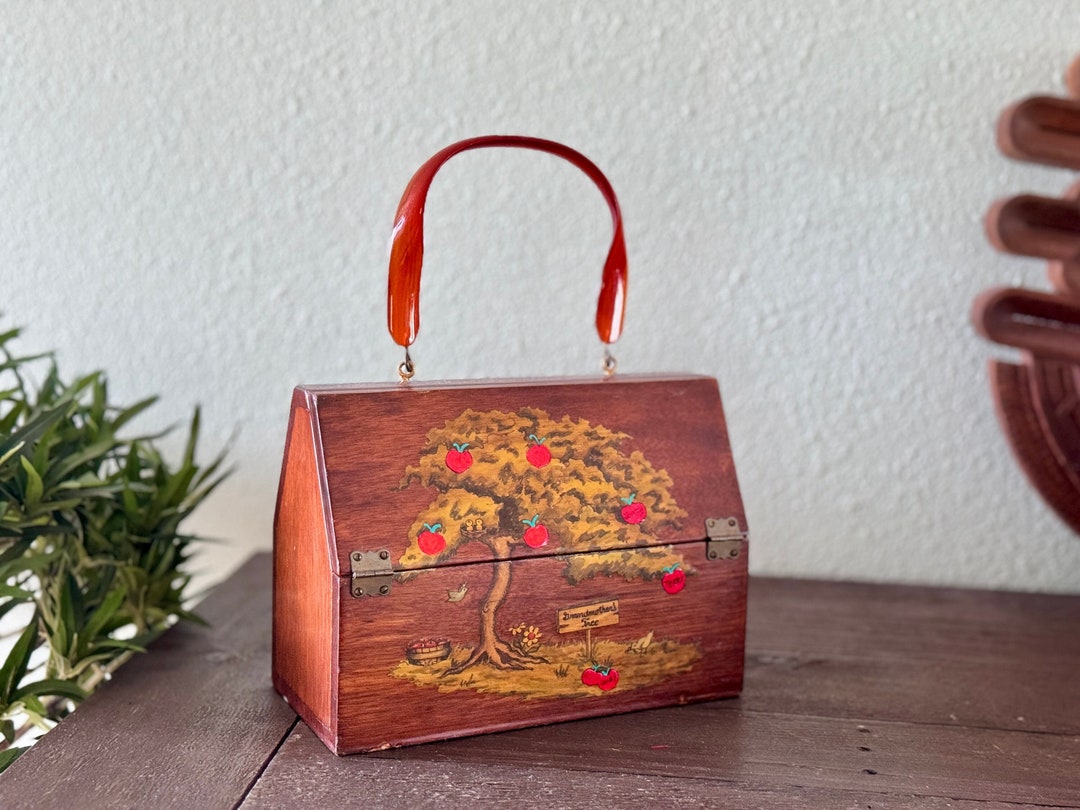 Wooden Purse Box Handmade 70s Grandmother's Gift Teacher Apple Tree Art ...
