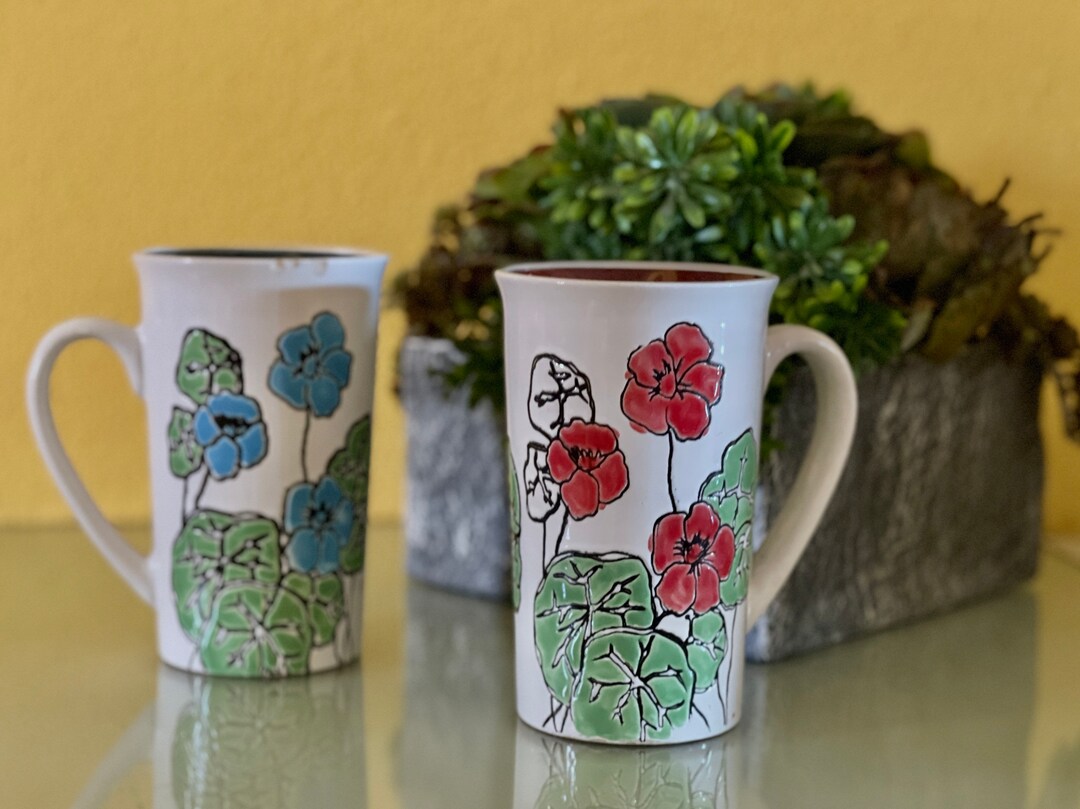 Red Poppy Tea Cups Coffee Mugs Tall Ceramic Kitchen Decor Nature Art ...