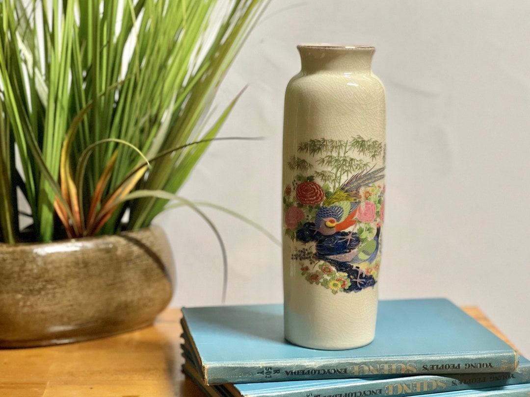 Pheasant Asian Bird Vase Floral Japanese Porcelain Chinese Tall Narrow ...