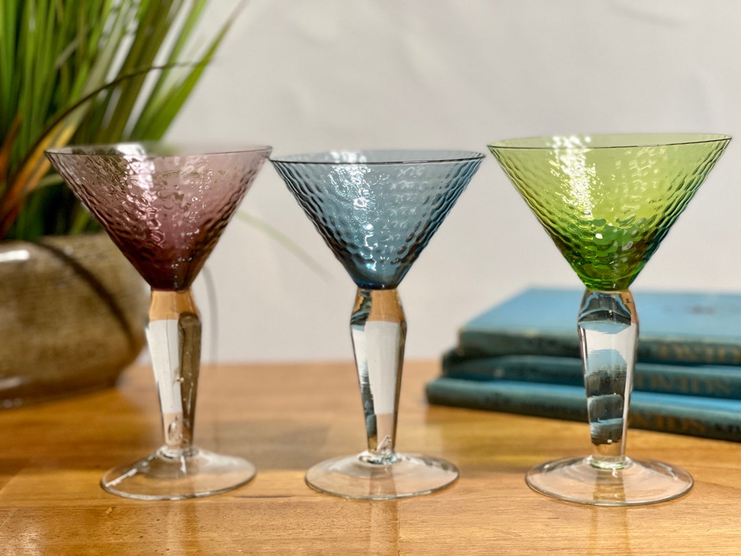 Assorted Colors Glass Martini Drink Set Textured Cone Footed Art Deco ...