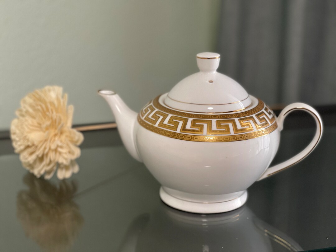 Teapot Gold Greek Key White Large Porcelain Kitchen Decor Geometric ...