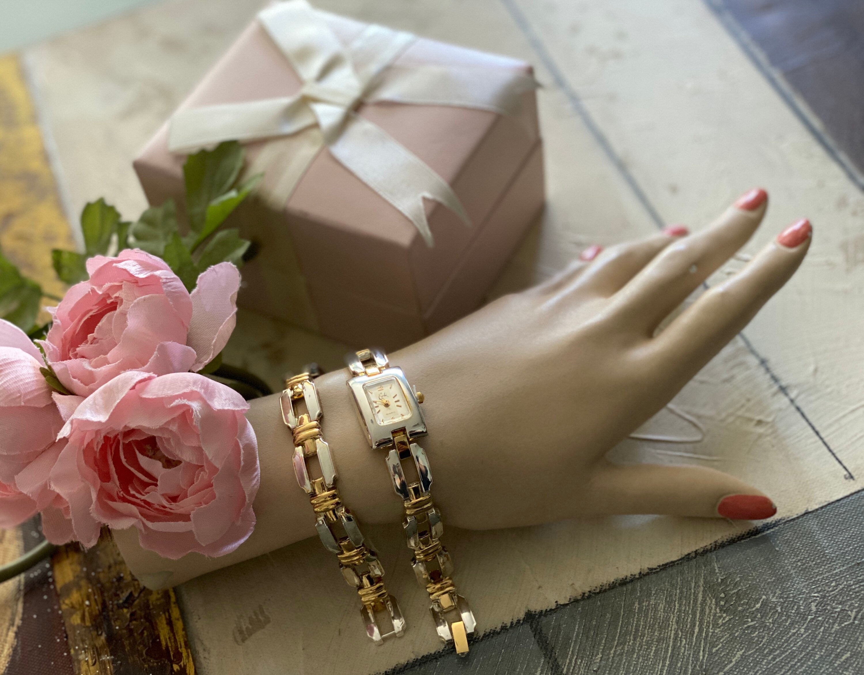 Cache Bracelet Watch Set Link Chain Quartz Silver Gold Bridal Gift ...