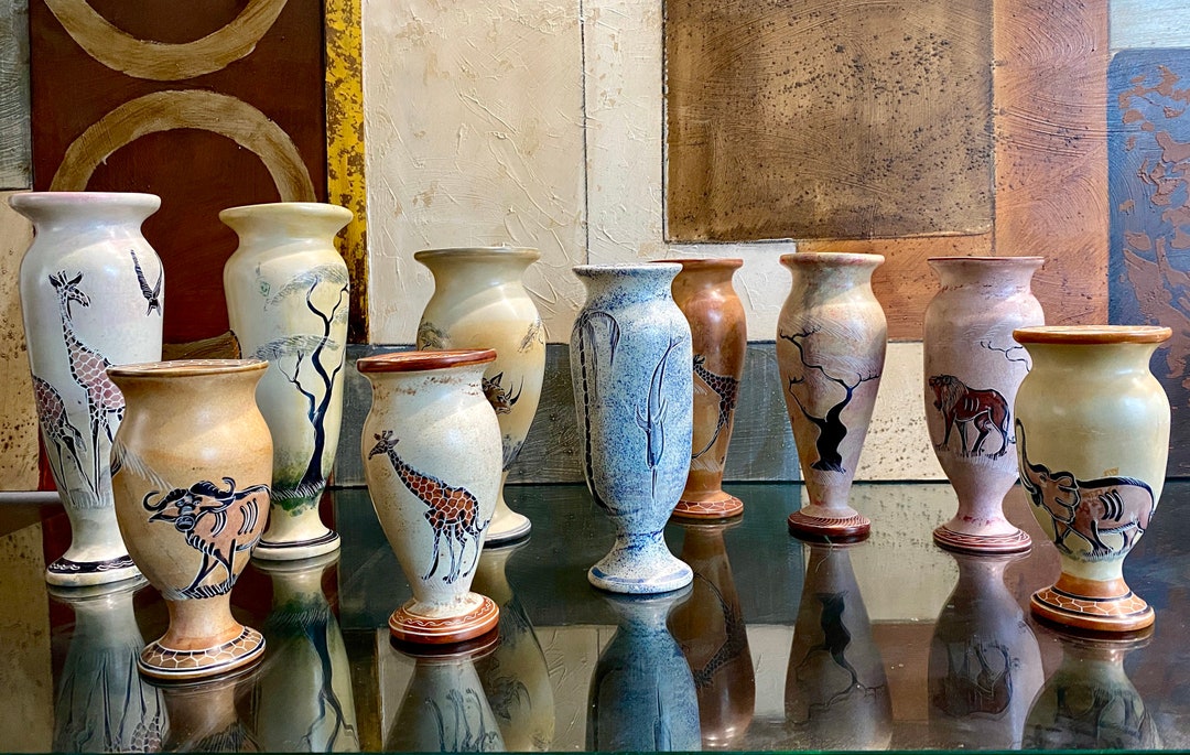 Safari Animal Vases Trophy Soapstone Handmade African Art Lion Decor ...