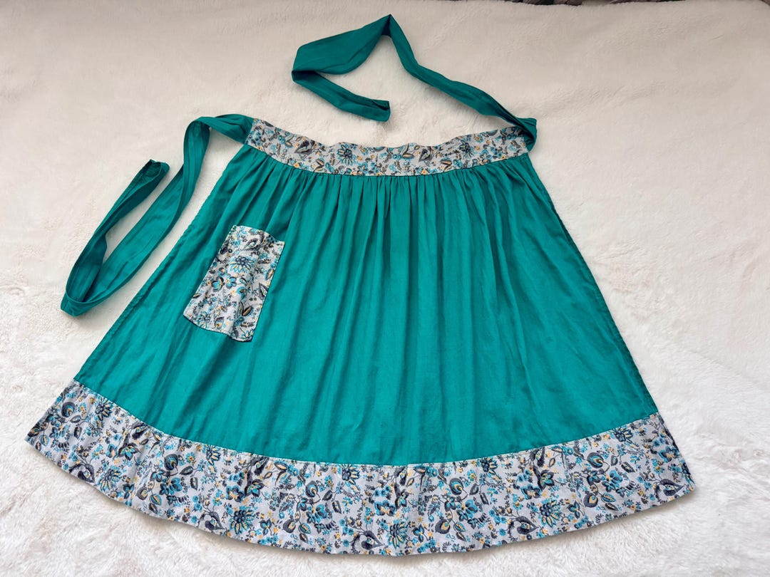 Green Paisley Half Apron Teal Retro Bow Pocket Costume French Maid Chef ...