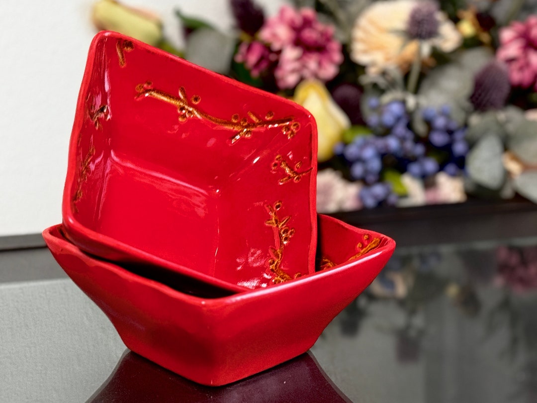 Red Serving Bowls Rice Asian Stoneware Kitchen Midcentury Modern Hot ...