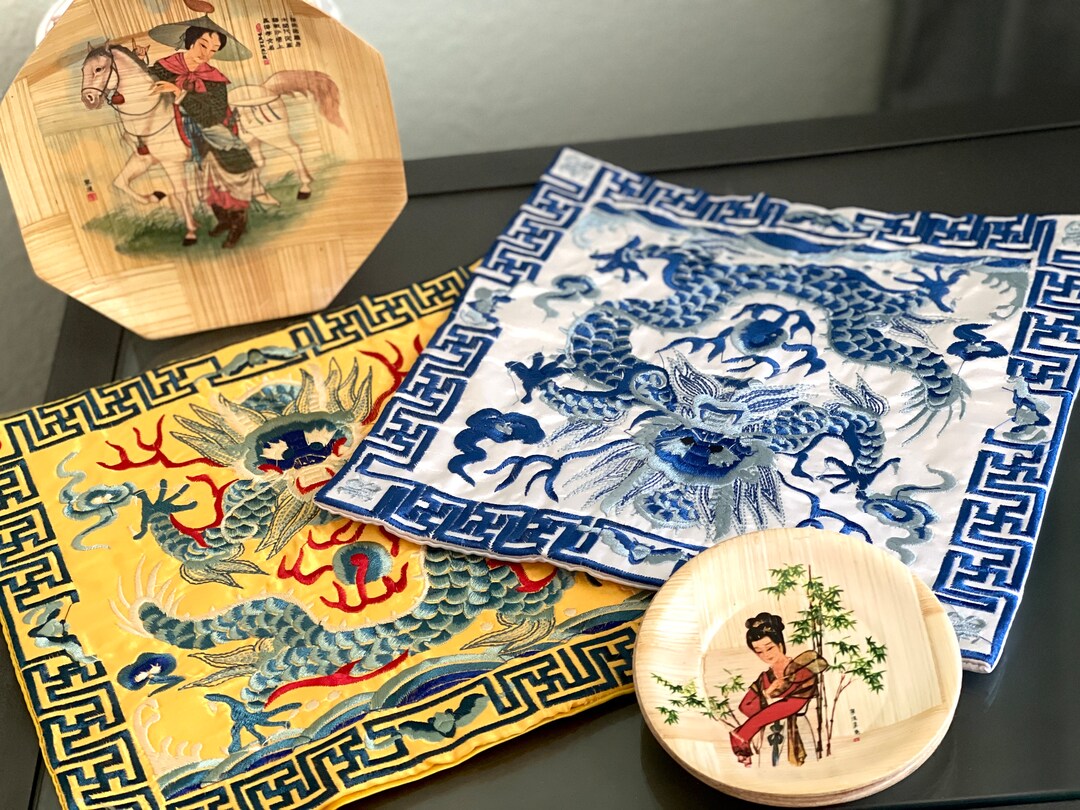 Asian Dragon Art Table Mat China Embroidery Square Gold Ceremonial ...