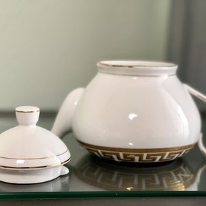 Teapot Gold Greek Key White Large Porcelain Kitchen Decor Geometric ...