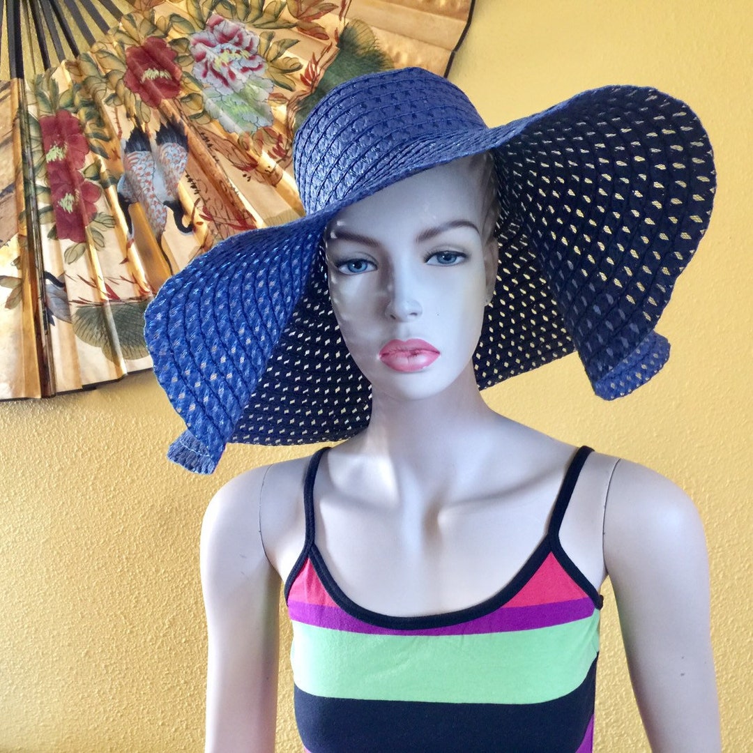 Wide Brim Floppy Sun Hat Faux Straw Blue Woven Crochet Pink Foldable ...
