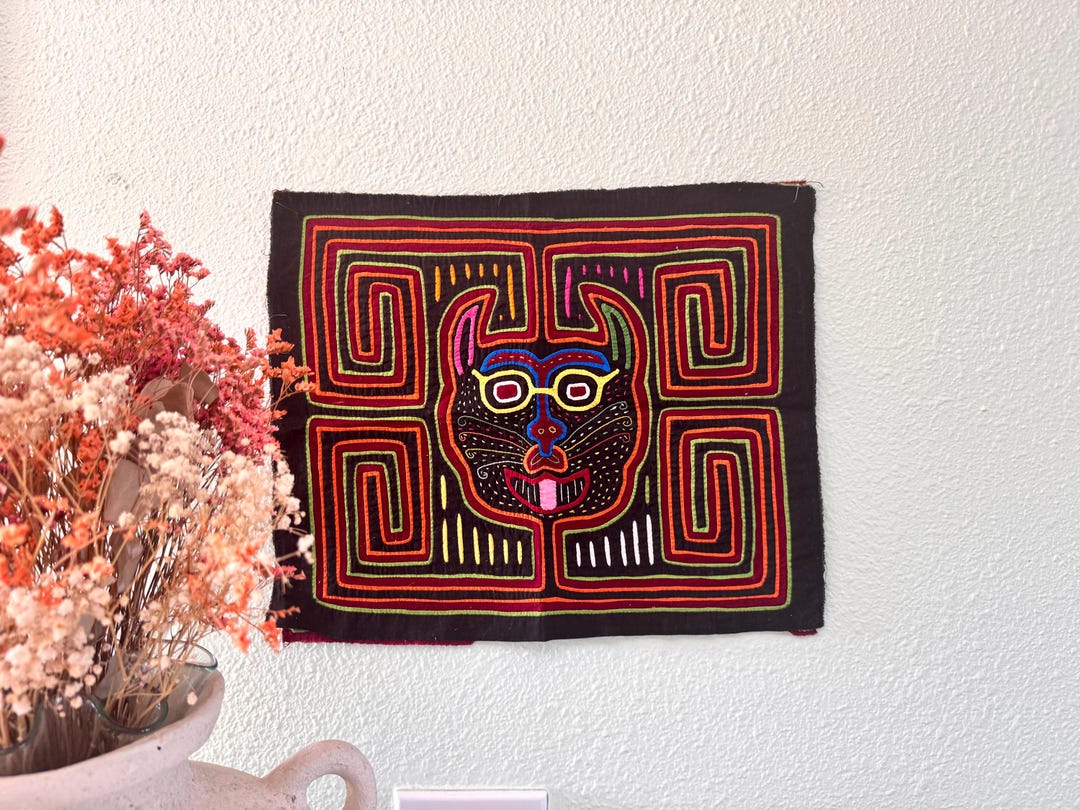 Black Cat Mola Kuna Textile Art Ethnic Panama Colombia Wall Hanging ...