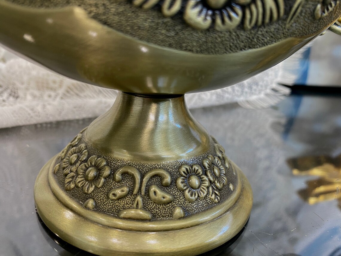 Brass Footed Vase Antique Gold Repoussé Floral Oval Bowl Pedestal ...